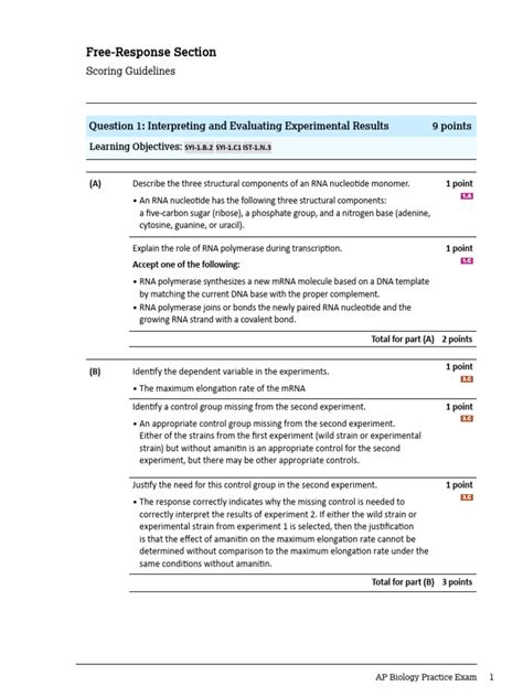 Ap Biology 2020 Practice Exam 1 Frq Scoring Guidelines Pdf Rna