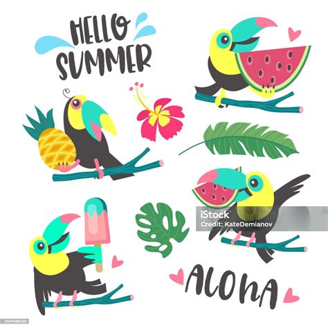 안녕하세요 여름 알로하 귀여운 명랑 큰부리새입니다 화려한 벡터 일러스트 레이 션 엠 블 럼입니다 0명에 대한 스톡 벡터 아트 및