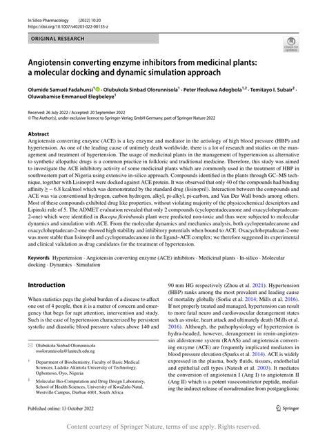 Angiotensin Converting Enzyme Inhibitors From Medicinal Plants A
