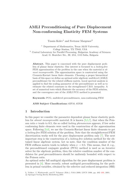 Pdf Amli Preconditioning Of Pure Displacement Non Conforming Elasticity Fem Systems