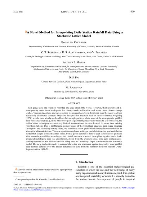 Pdf A Novel Method For Interpolating Daily Station Rainfall Data Using A Stochastic Lattice Model