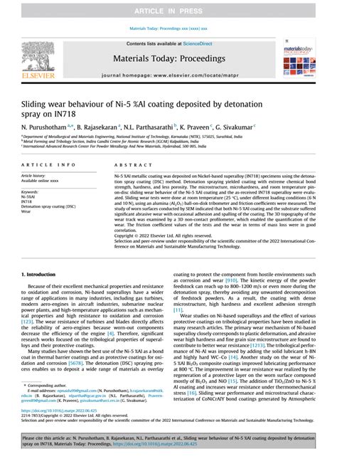 Pdf Sliding Wear Behaviour Of Ni 5 Al Coating Deposited By Detonation Spray On In718