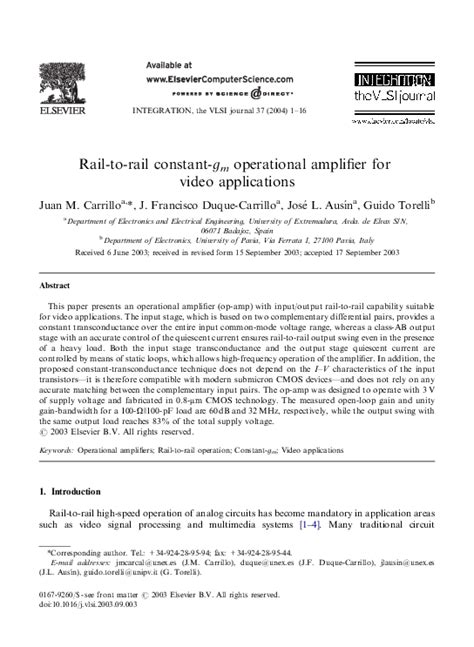 Pdf Rail To Rail Constant Gm Operational Amplifier For Video Applications