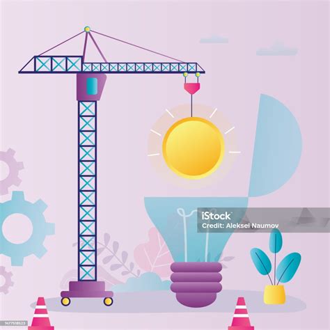 큰 크레인은 새 전구에 빛을 삽입합니다 아이디어 피칭 창의성 브레인스토밍 스타트 업 개발 새로운 비즈니스 프로젝트 아이디어 전구