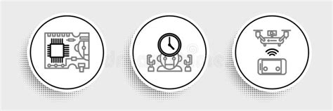 Set Line Remote Aerial Drone Printed Circuit Board Pcb And Robot And Digital Time Manager Icon