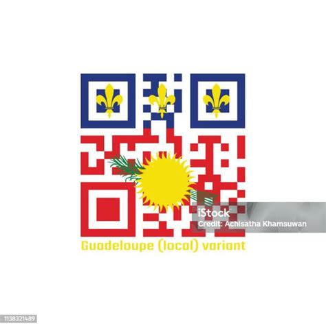 Qr 코드는 과들루프 지역 국기의 색상 노란 태양과 녹색 사탕수수와 빨간색 필드 상단에 노란색 플 뢰 르 드 리스와 블루