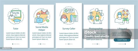 선형 개념으로 모바일 앱 페이지 화면에 온보딩하는 파트타임 작업입니다 튜터 사진작가 인명 구조원 연습 단계 그래픽 지침 Ux Ui 그림이 있는 Gui 벡터 템플릿 강사에
