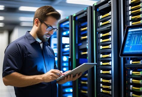 Man In Server Room Holding Tablet Checking Network Status Premium Ai Generated Image