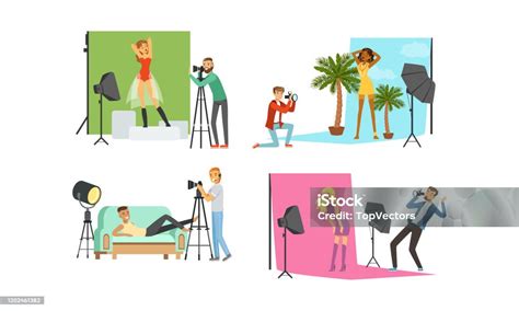 사진 스튜디오 컬렉션 전문 장비 벡터 일러스트와 함께 사진을 위해 포즈를 취하는 모델의 사진을 찍는 남성 사진 작가 남자에 대한 스톡 벡터 아트 및 기타 이미지 Istock