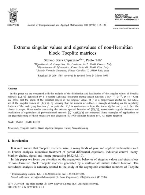 Pdf Extreme Singular Values And Eigenvalues Of Non Hermitian Block Toeplitz Matrices
