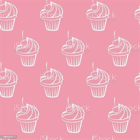 라인 아트 스타일의 손으로 그린 컵 케이크와 벡터 매끄러운 패턴 벡터 일러스트레이션 배경 주제에 대한 스톡 벡터 아트 및 기타 이미지 배경 주제 컵케이크 패턴