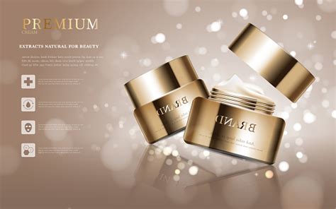 연간 판매 또는 축제 판매를 위한 수분 공급 페이셜 크림 골드 세럼 마스크 병은 반짝이는 입자 배경에 분리되어 있습니다 우아한 화장품 광고 일러스트레이션 3차원 형태에 대한