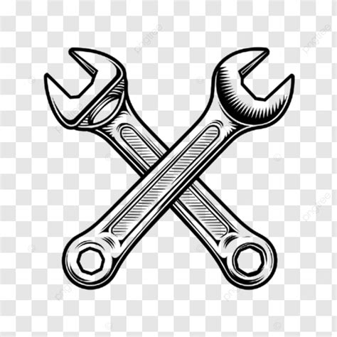A Highly Detailed Black And White Illustration Of Two Crossed Wrenches