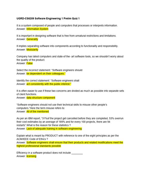 Ugrd Cs6209 Software Engineering 1 Prelim Quiz 1 Pdf Software Software Engineering