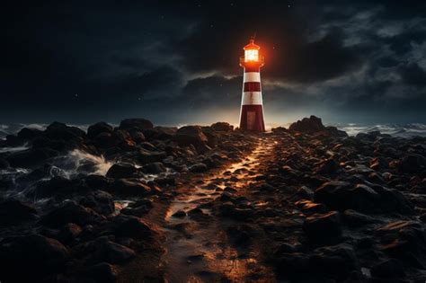 Premium Ai Image Lighthouse Beaming Through The Misty Night Generative Ai