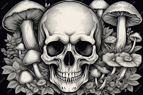 Premium Photo Human Skull With Mushrooms In Woodcut Style Vector