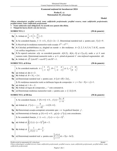 Model Examen Matematică Bac Tehnologic 2024