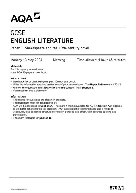 Aqa Gcse English Literature Paper 1 And 2 June 2024 Question Papers And