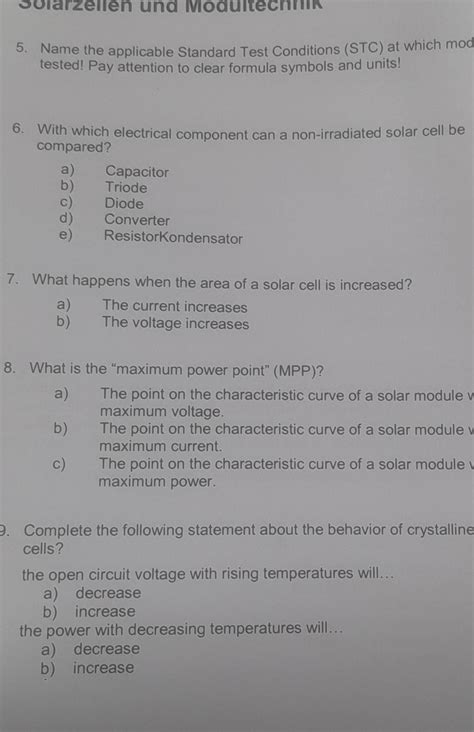 Solved 5 Name The Applicable Standard Test Conditions Stc