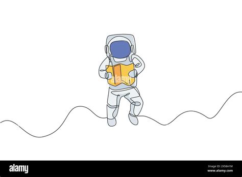 Single Continuous Line Drawing Floating Science Astronaut In Spacewalk Reading Map Navigator