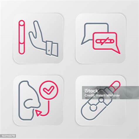 세트 라인 전자 담배 건강한 호흡 금연 및 포기 아이콘 벡터 건강관리와 의술에 대한 스톡 벡터 아트 및 기타 이미지 건강관리와 의술 경계 표지 금지됨 Istock