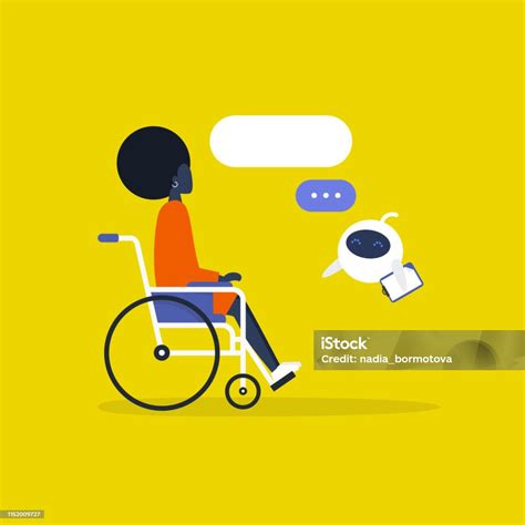 현대 건강 관리 새로운 기술 휠체어에 앉아 젊은 장애인 검은 여성 캐릭터 장애 귀여운 흰색 의사 로봇입니다 플랫 편집 가능한