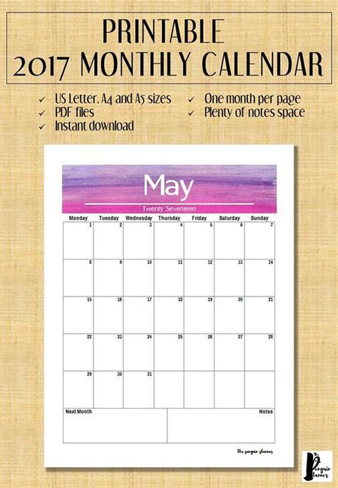 Monthly Calendar 2017 Printable Planner Insert