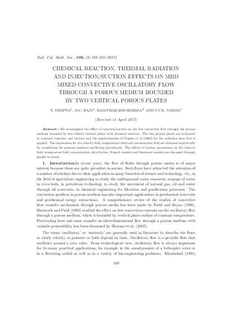 Pdf Chemical Reaction Thermal Radiation And Injectionsuction Effects On Mhd Mixed Convective