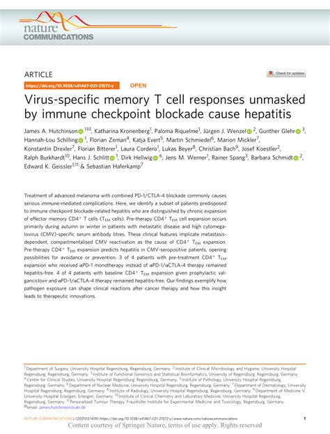 Pdf Virus Specific Memory T Cell Responses Unmasked By Immune Checkpoint Blockade Cause Hepatitis