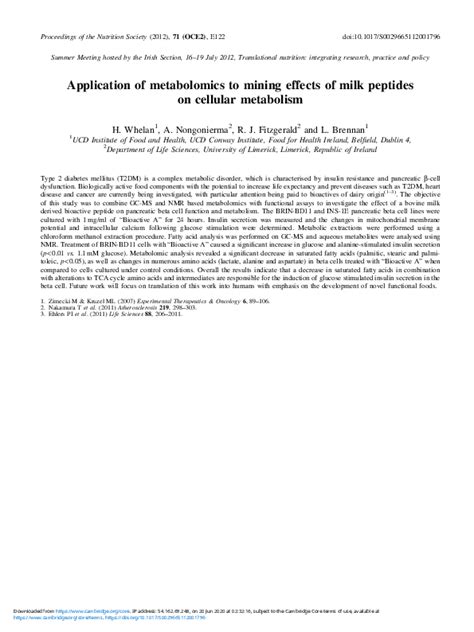 Pdf Application Of Metabolomics To Mining Effects Of Milk Peptides On Cellular Metabolism