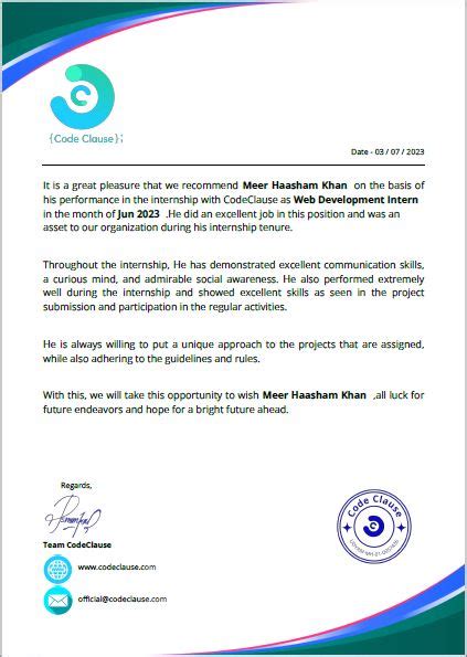 Meer Haasham Khan On Linkedin Webdevelopment Letterofrecommendation Codeclause Gratitude