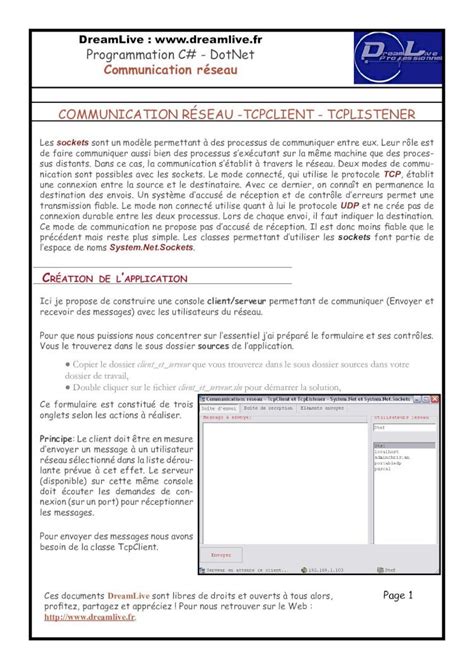 Pdf C Sharp Dotnet Communication Réseau Tcpclient Tcplistener Truc