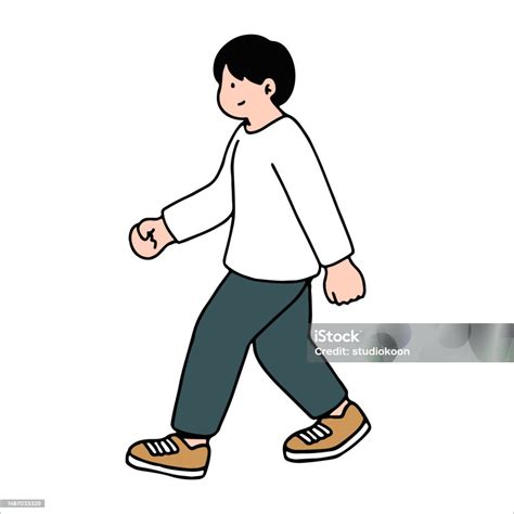 삽화는 거리를 걷는 사람들의 캐릭터를 보여줍니다 젊은 남자는 흰색 배경에 고립된 채 걷고 있는 옆모습으로 묘사되어 있다 거리에 대한 스톡 벡터 아트 및 기타 이미지 Istock