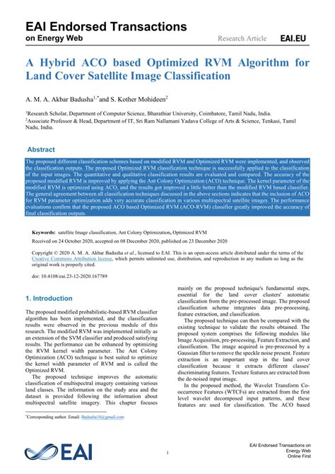 Pdf A Hybrid Aco Based Optimized Rvm Algorithm For Land Cover Satellite Image Classification