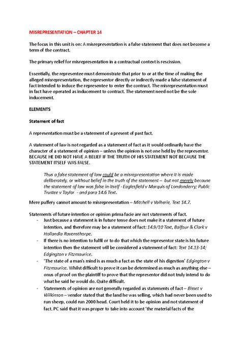Misrepresentation Misleading Conduct And Mistake Misrepresentation Chapter 14 The Focus In