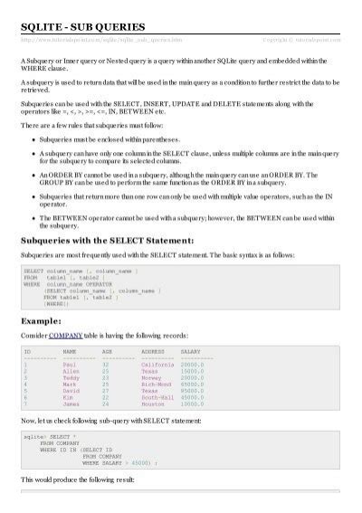 Sqlite Sub Queries Tutorials Point