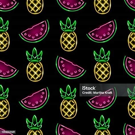 네온 수박과 파인애플 매끄러운 패턴 검은 색 배경에 밝은 여름 과일 이국적인 열대 음식 개념 벡터 10 Eps 그림 네온에 대한