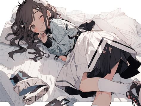Anime Girl Laying On A Bed With Her Legs Crossed Generative Ai