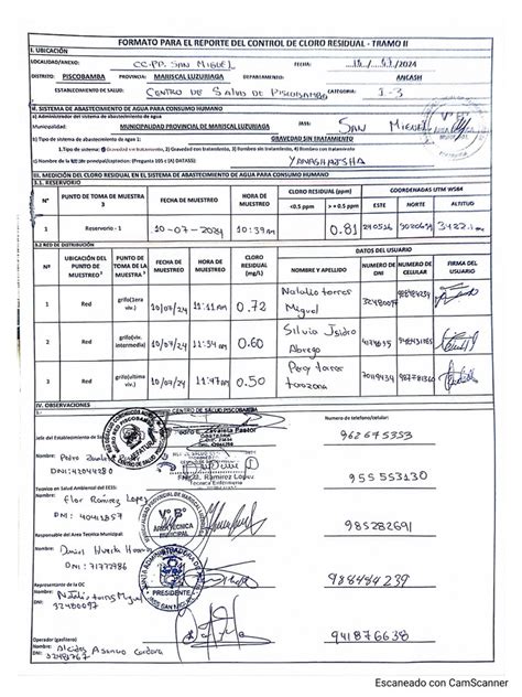 Reporte De Cloro Del Ccpp De San Miguel Pdf