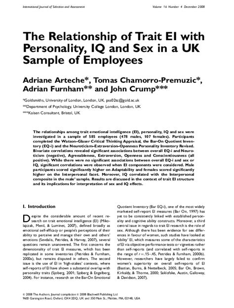 Pdf The Relationship Of Trait Ei With Personality Iq And Sex In A Uk
