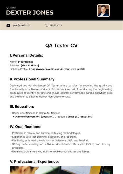 Free QA Tester CV Template To Edit Online