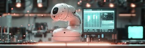 sleek robotic device analyzing data on monitors stock illustration