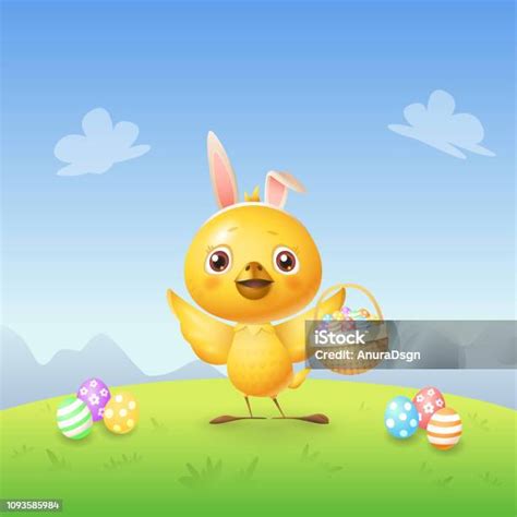 토끼와 닭 귀와 꾸며진된 달걀 바구니 축 하 부활절봄 풍경 배경 0명에 대한 스톡 벡터 아트 및 기타 이미지 0명 3차원 형태 계절 Istock