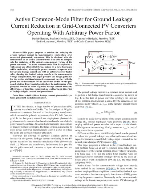 Pdf Active Common Mode Filter For Ground Leakage Current Reduction In Grid Connected Pv