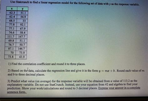 Solved Use Statcrunch To Find A Linear Regression Model For