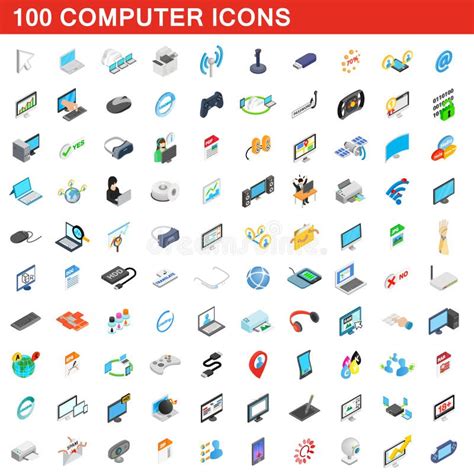 100 Computer Icons Set Isometric 3d Style Stock Vector Illustration