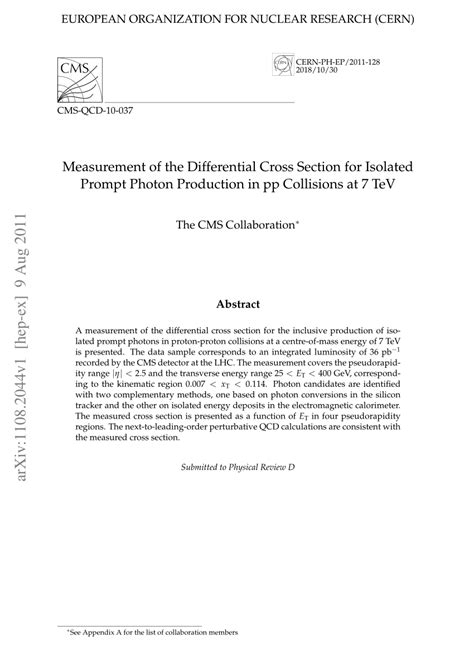 Pdf Measurement Of The Differential Cross Section For Isolated Prompt Photon Production In Pp