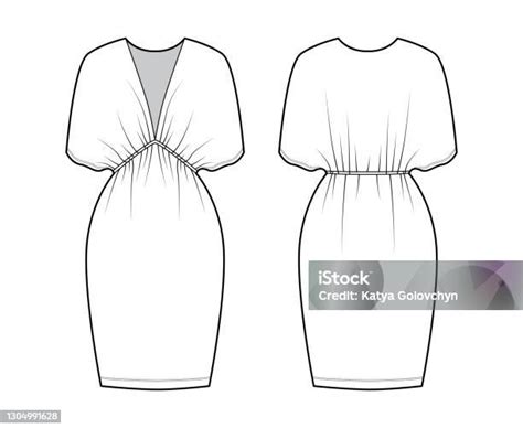 카프탄 드레스 테크니컬 패션 일러스트와 딥 V넥 배트윙 슬리브 오버사이즈 무릎 길이 연필 컷 플랫 0명에 대한 스톡 벡터 아트 및 기타 이미지 Istock