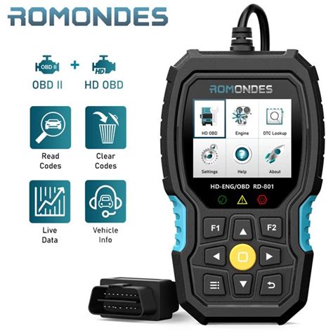 Romondes RD801 Diesel Truck Scanner Heavy Duty Truck Pickup Scanner HD OBD OBD2 2in1 Code Reader ...