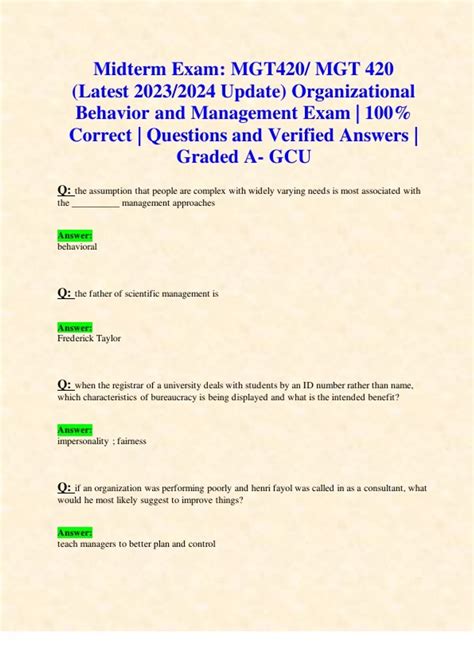 Midterm Exam MGT420 MGT 420 Latest 2023 2024 Update Organizational Behavior And Management